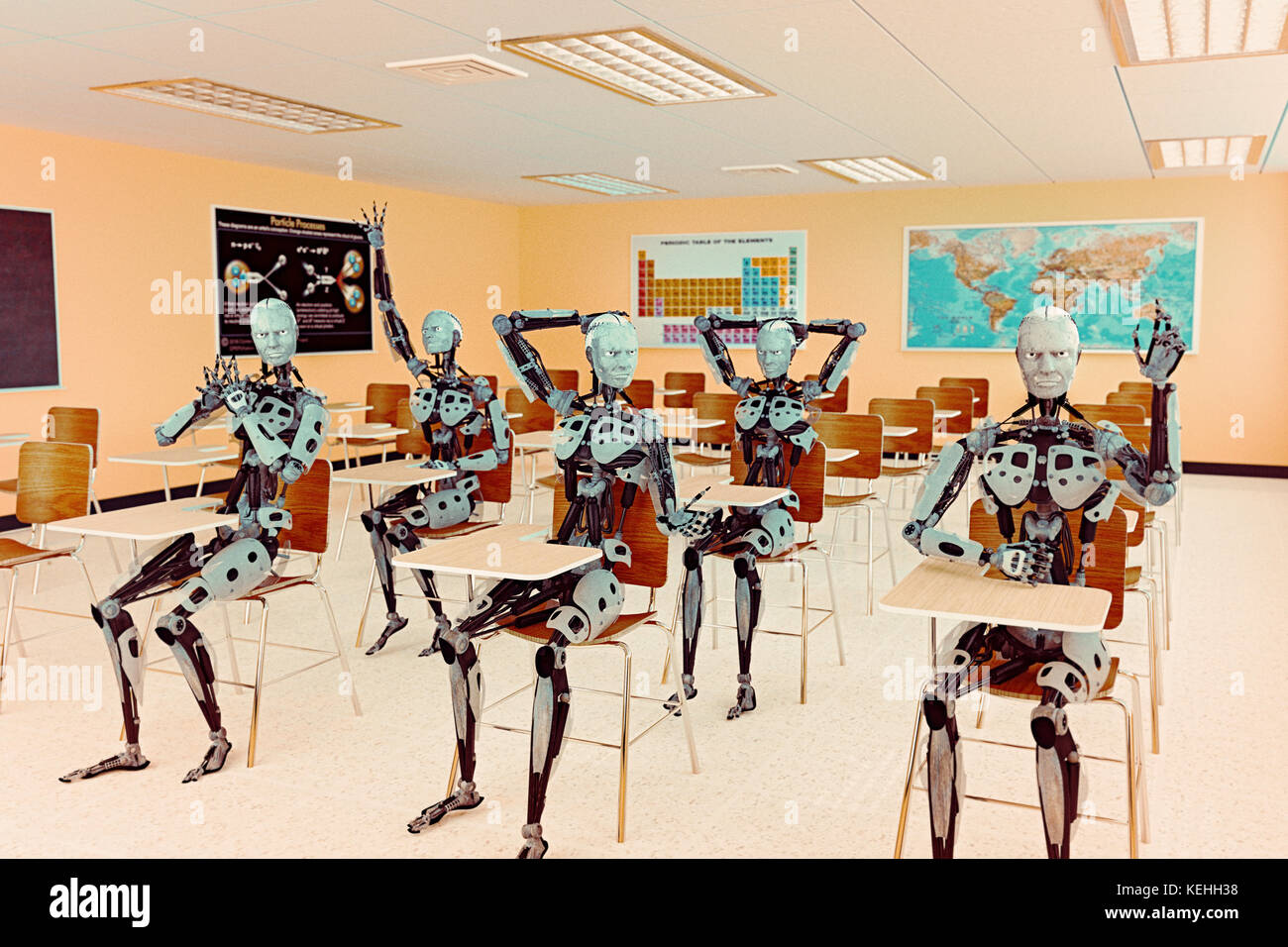 Robots students sitting in classroom raising hands Stock Photo - Alamy