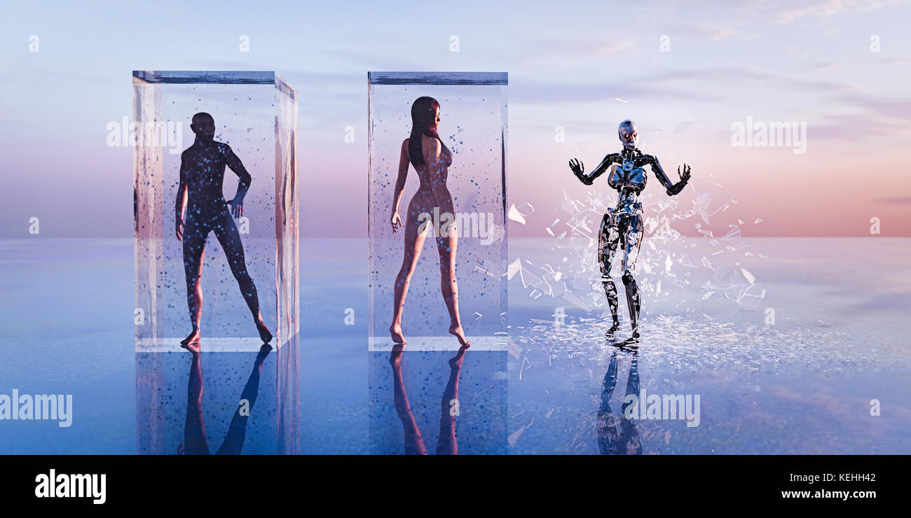 Robot breaking free from glass cube near man and woman Stock Photo - Alamy
