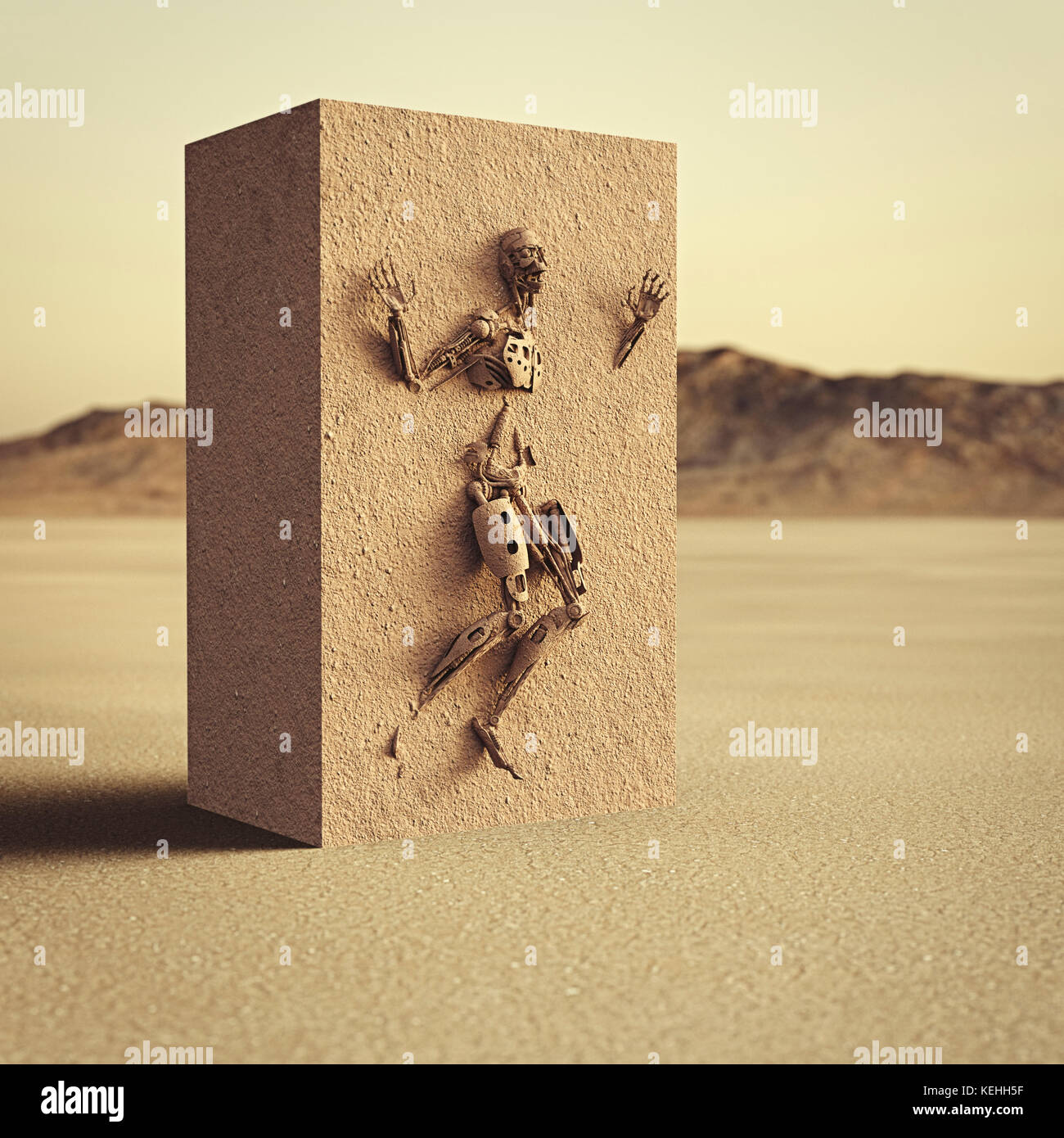 Robot trapped in dirt cube in desert Stock Photo - Alamy