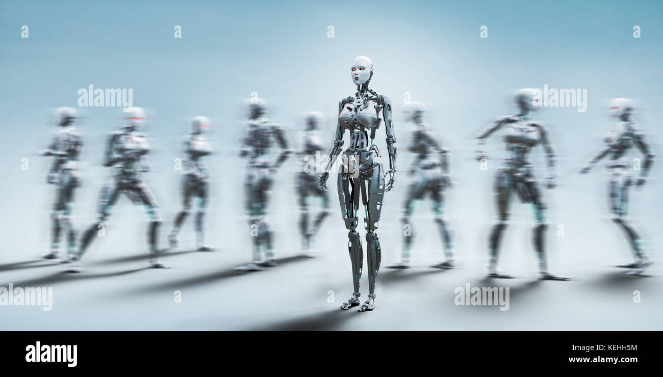Robot woman standing still near walking robots Stock Photo - Alamy