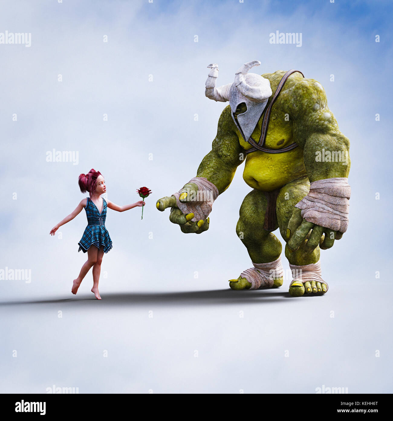 Girl giving flower to giant ogre Stock Photo - Alamy
