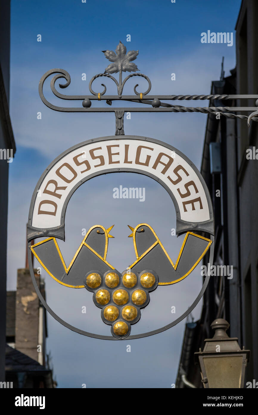 Rüdesheim am Rhein, wine making town in Germany, sign of popular alley ...