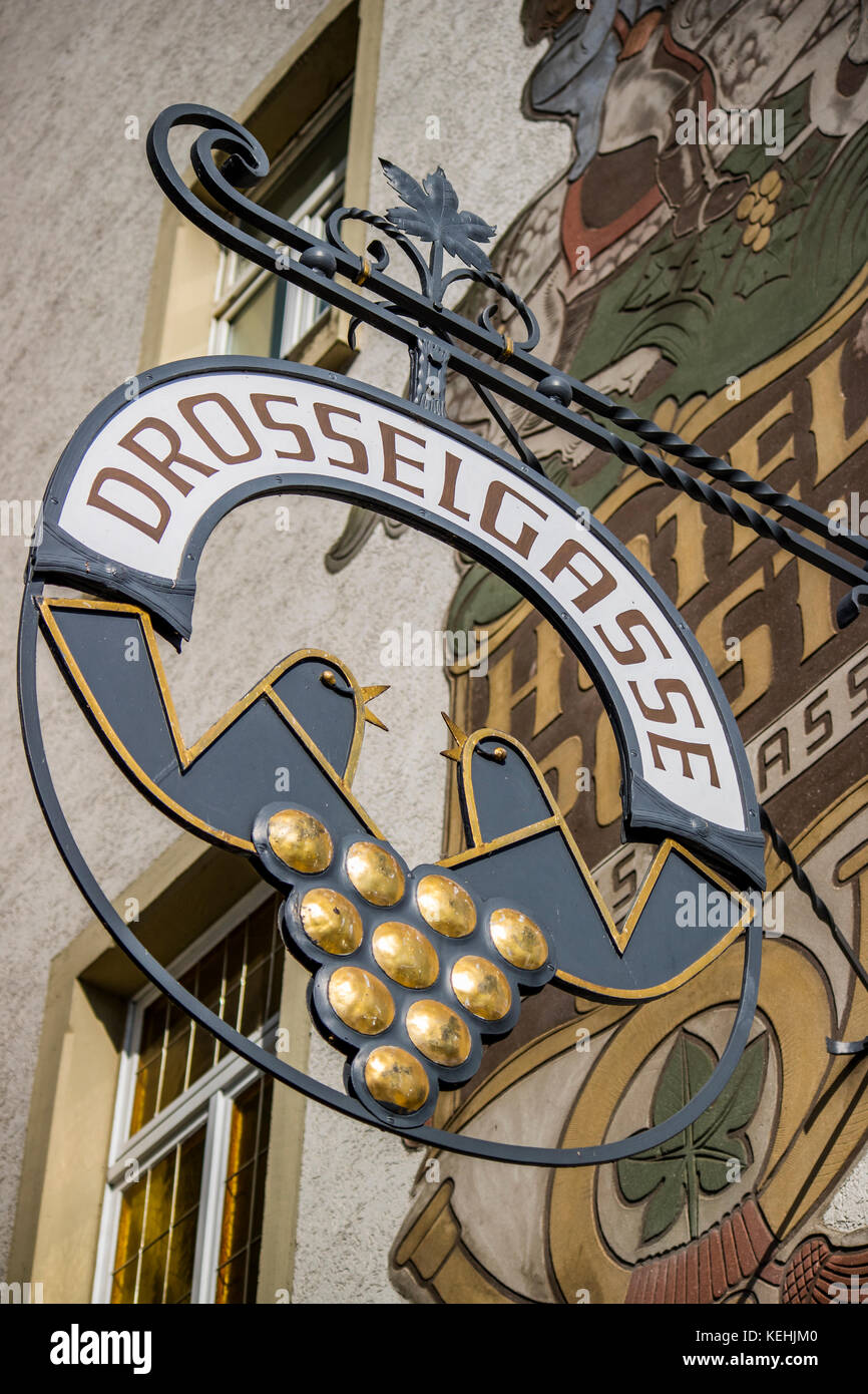 Rüdesheim am Rhein, wine making town in Germany, sign of popular alley ...