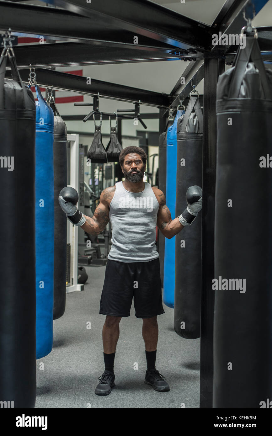 Serious black boxer posing in gymnasium Stock Photo - Alamy