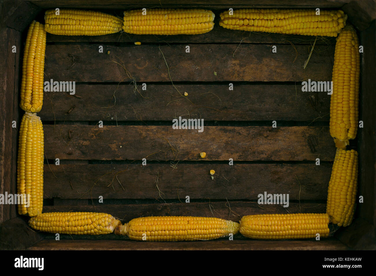 Corn on cob lining wooden box Stock Photo - Alamy
