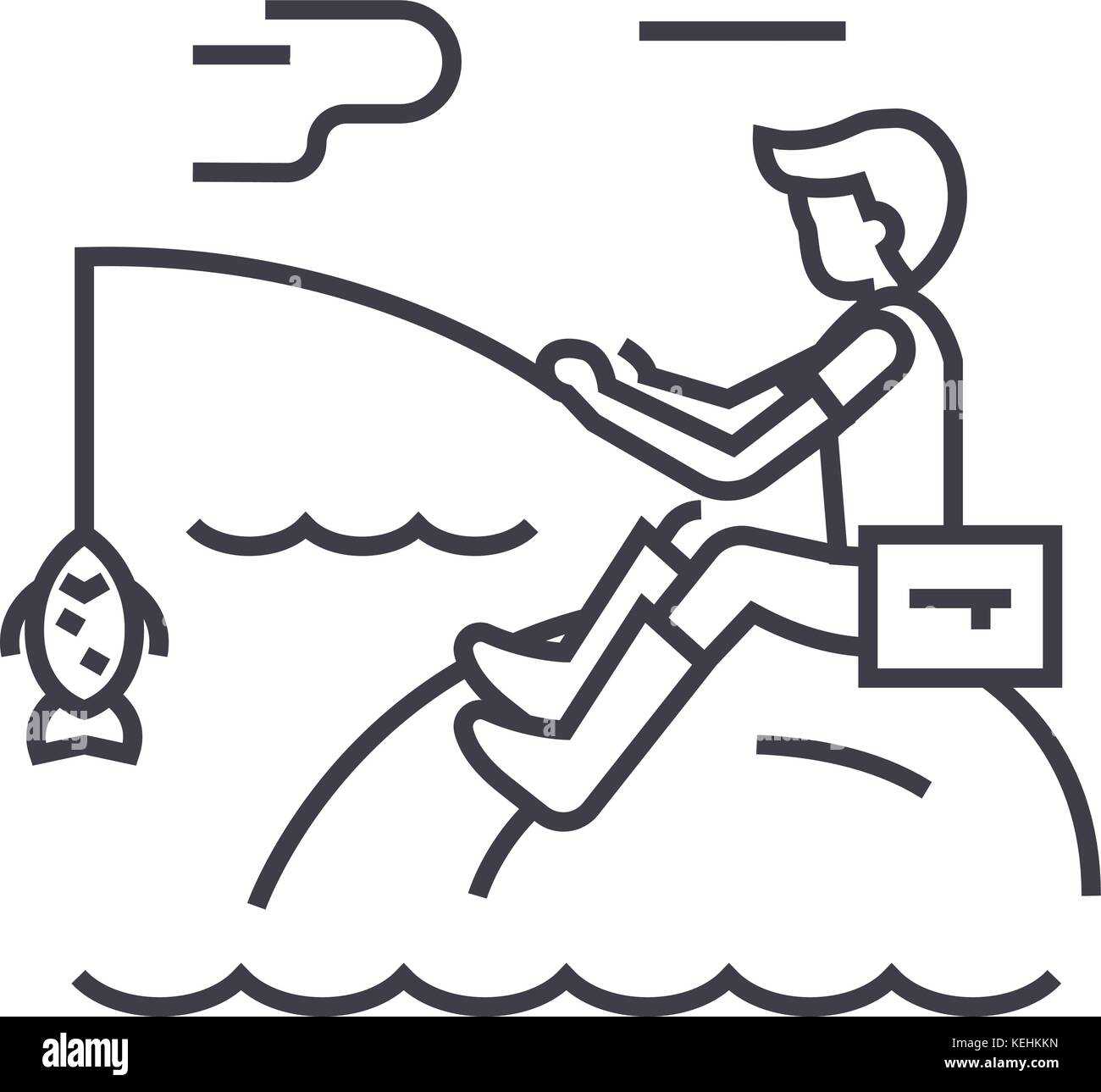 fishing man with rod vector line icon, sign, illustration on background ...