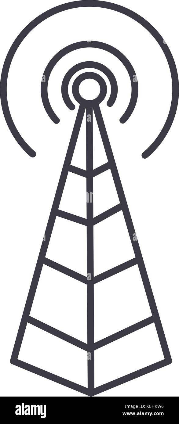 frequency antenna,radio tower vector line icon, sign, illustration on ...