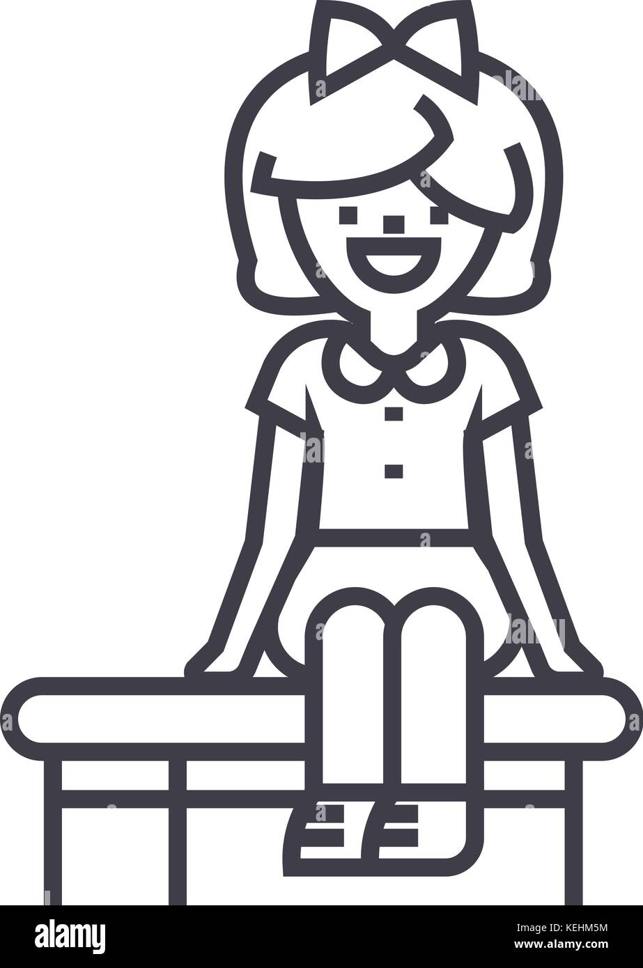 girl sitting on the bench vector line icon, sign, illustration on ...