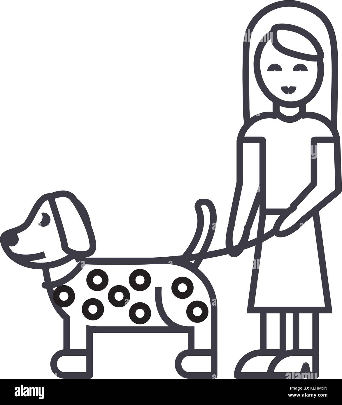 girl with dog vector line icon, sign, illustration on background ...