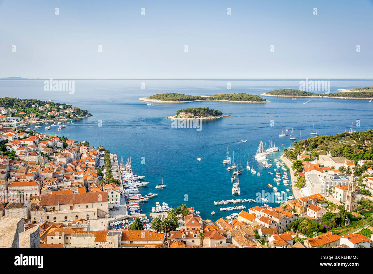 Picturesque view of Hvar and the Pakleni Islands from high above the ...