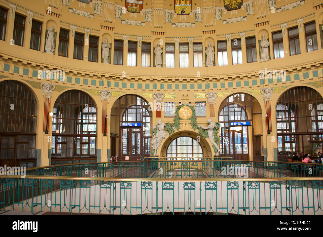 Interior art and classic retro building in Prague main railway station ...