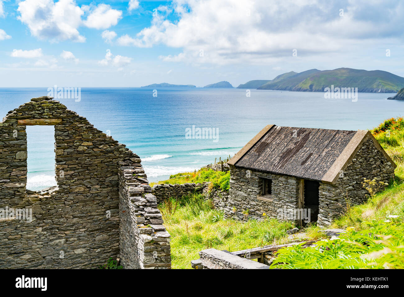 Two old stone house wall and window remains only in one Wild Atlantic ...