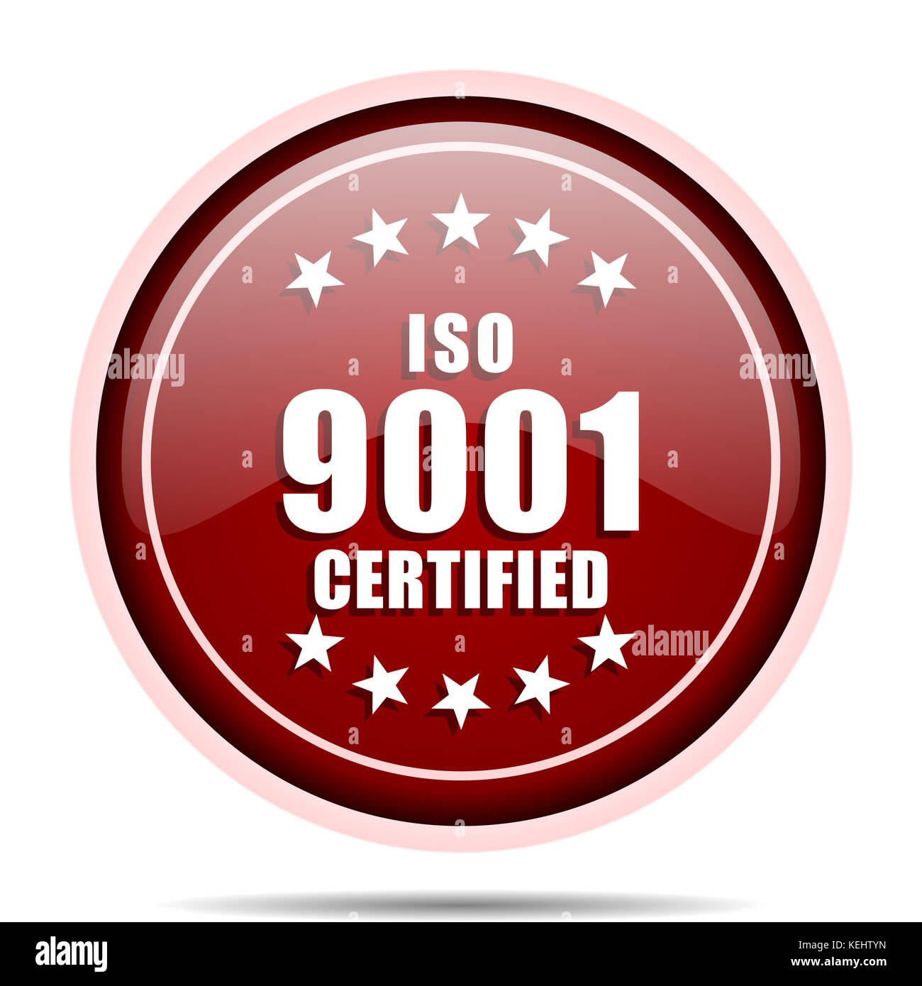 Iso 9001 red glossy round web icon. Circle isolated internet button for ...