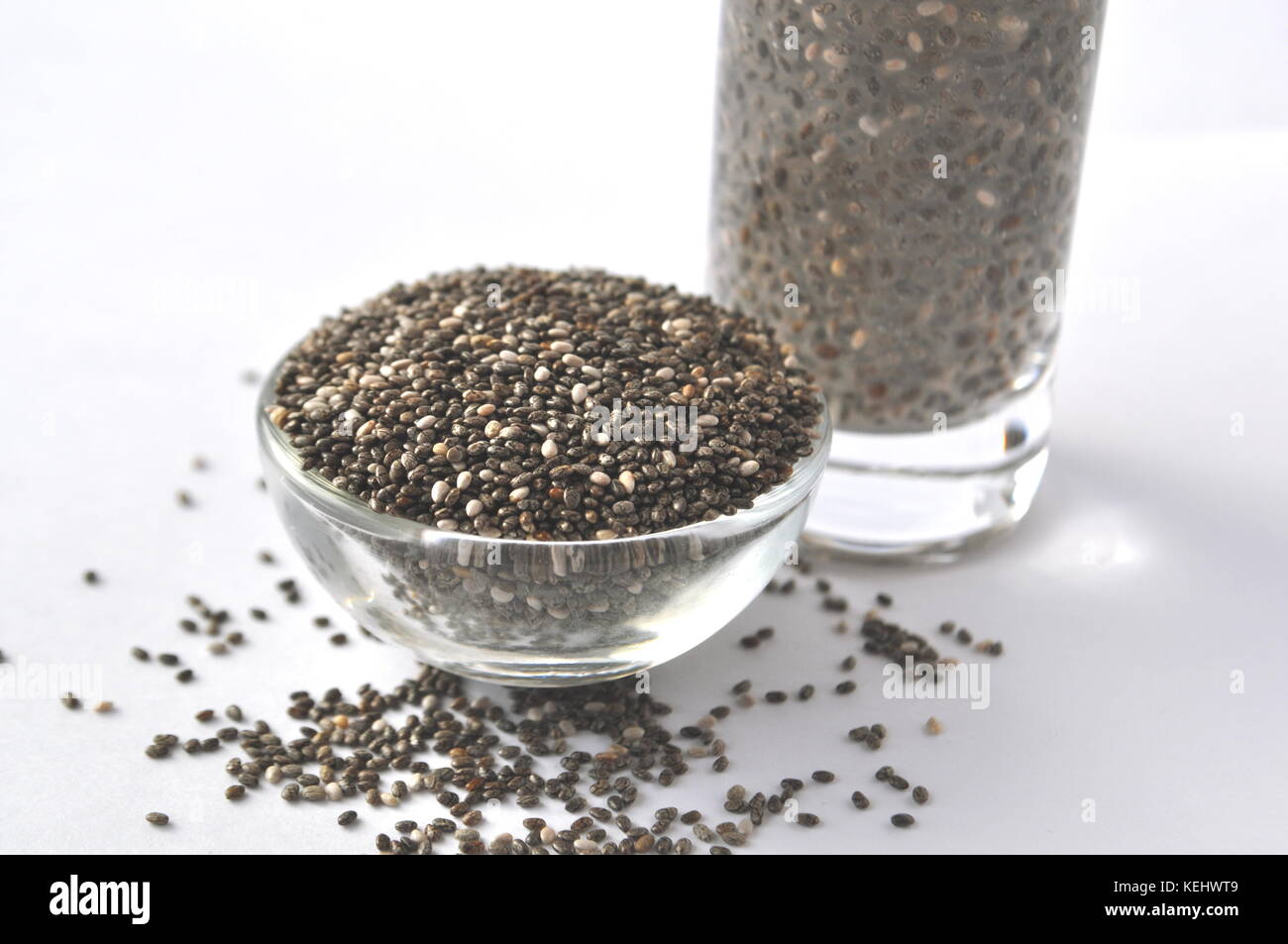 Gelled chia seeds (Salvia hispanica) in a bowl isolated on white close ...