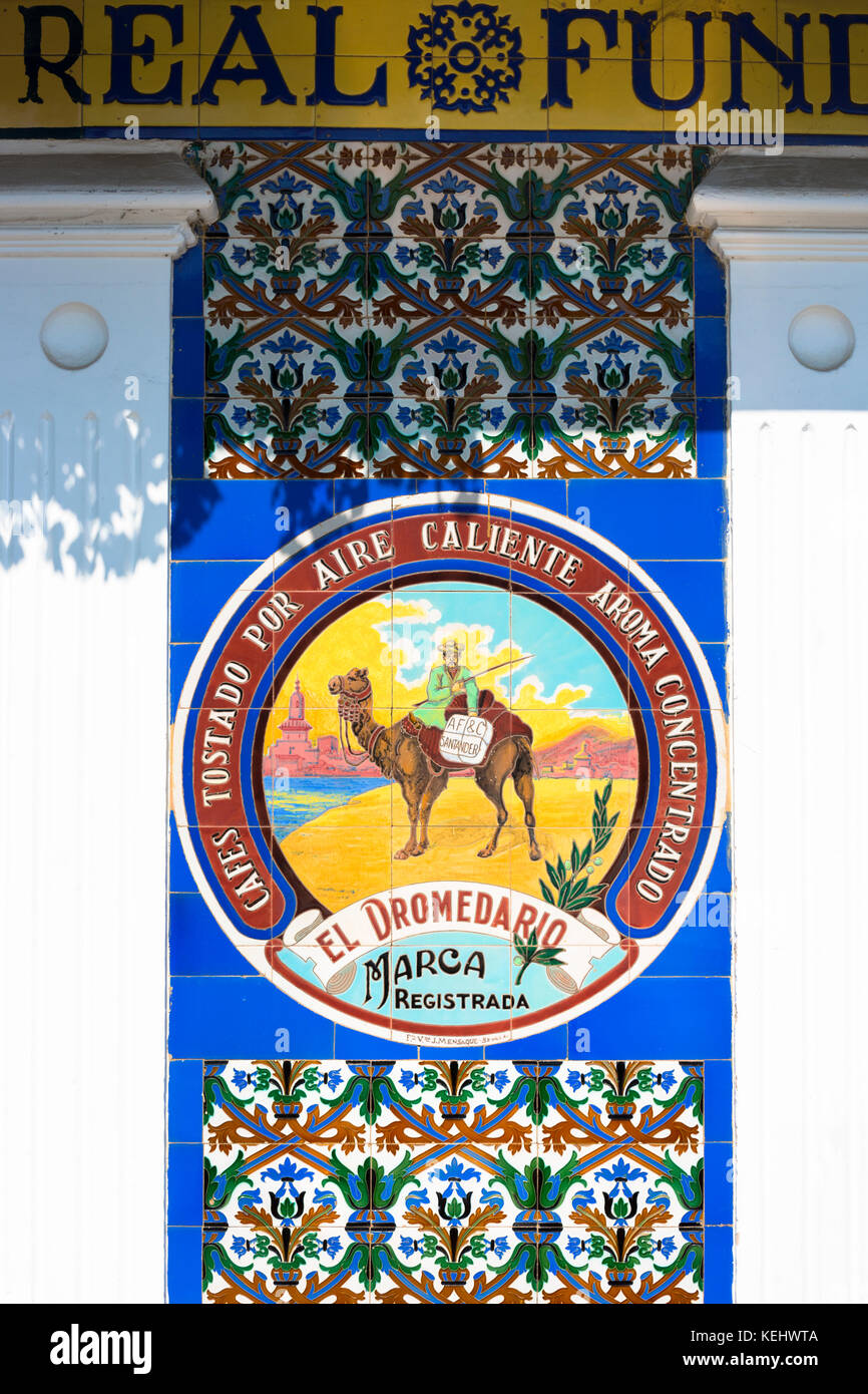 Traditional Spanish ceramic wall tiles outside a bar restaurant at ...