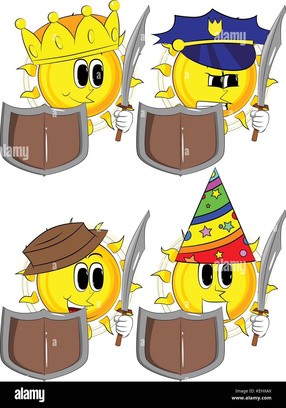 Cartoon knight sun holding a sword and shield. Collection with costume ...