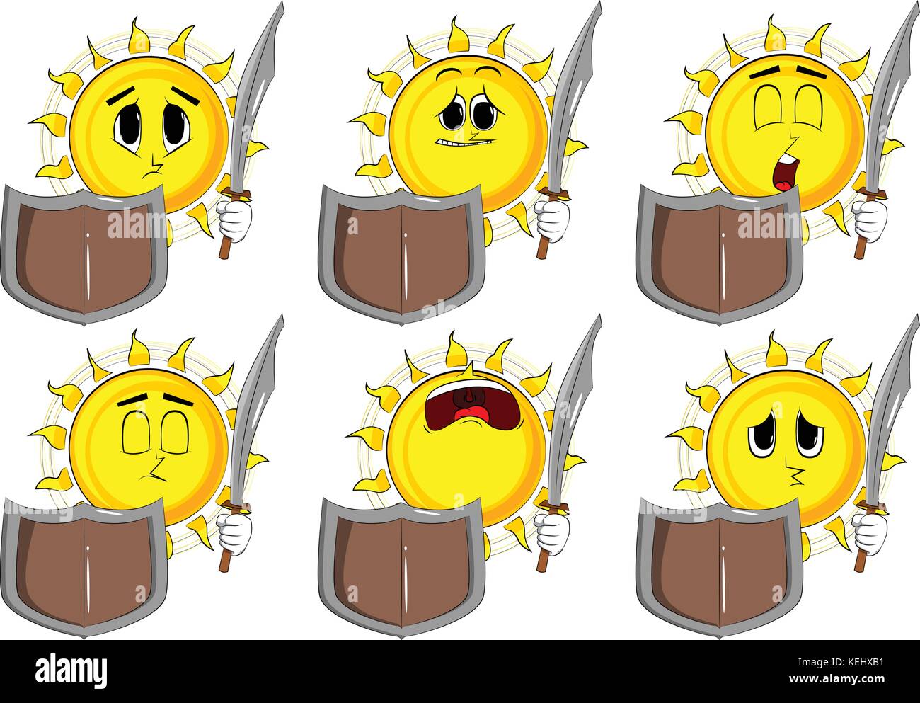 Cartoon knight sun holding a sword and shield. Collection with sad ...