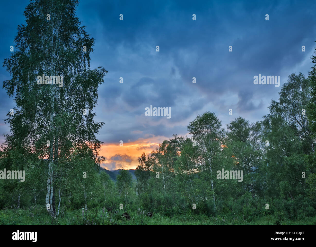 Beautiful dramatic sunset in the mountains. Landscape with sun light ...