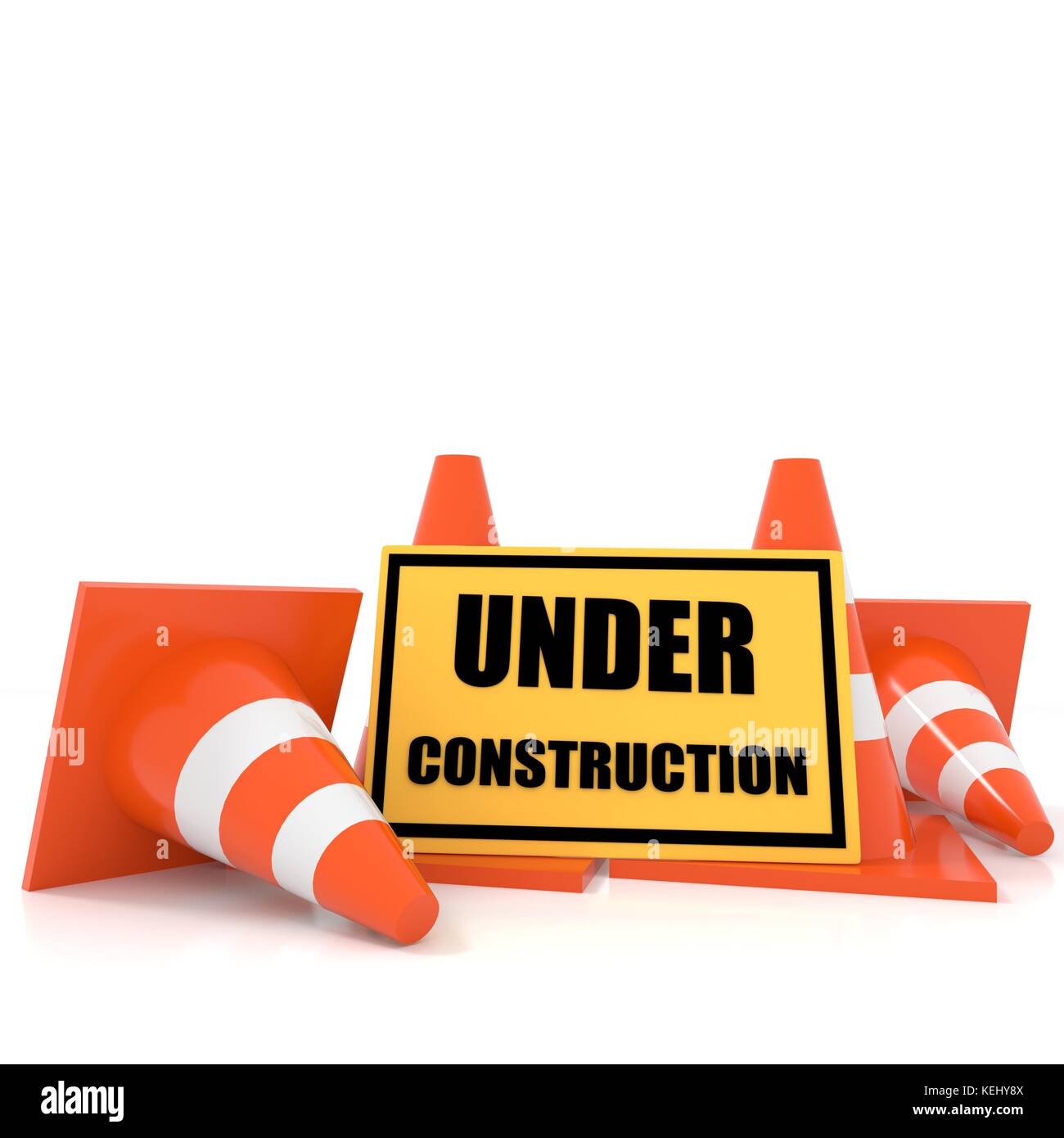 banner under construction with traffic cones on isolated white in 3D ...
