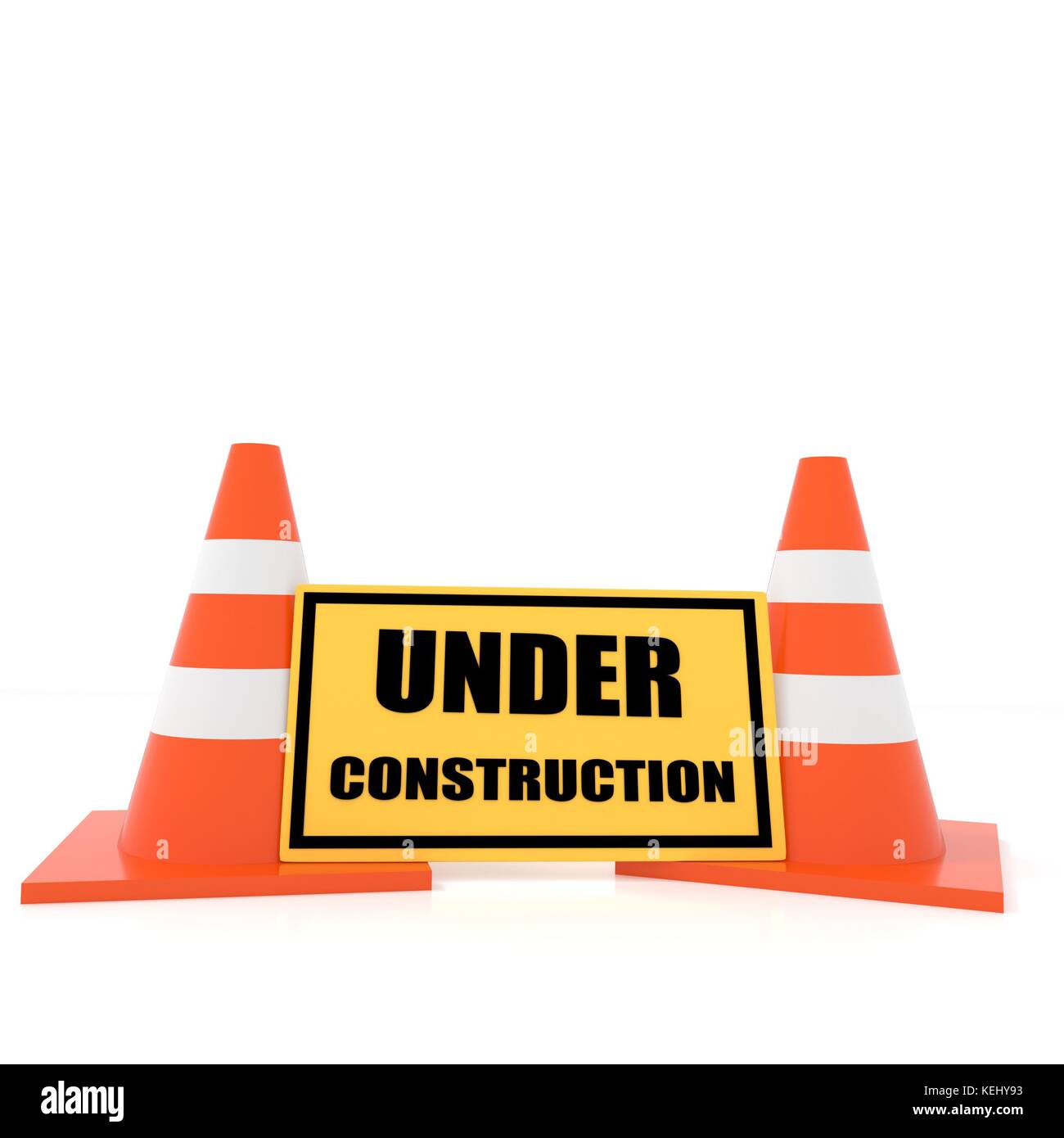 traffic cones with banner under construction on isolated white in 3D ...