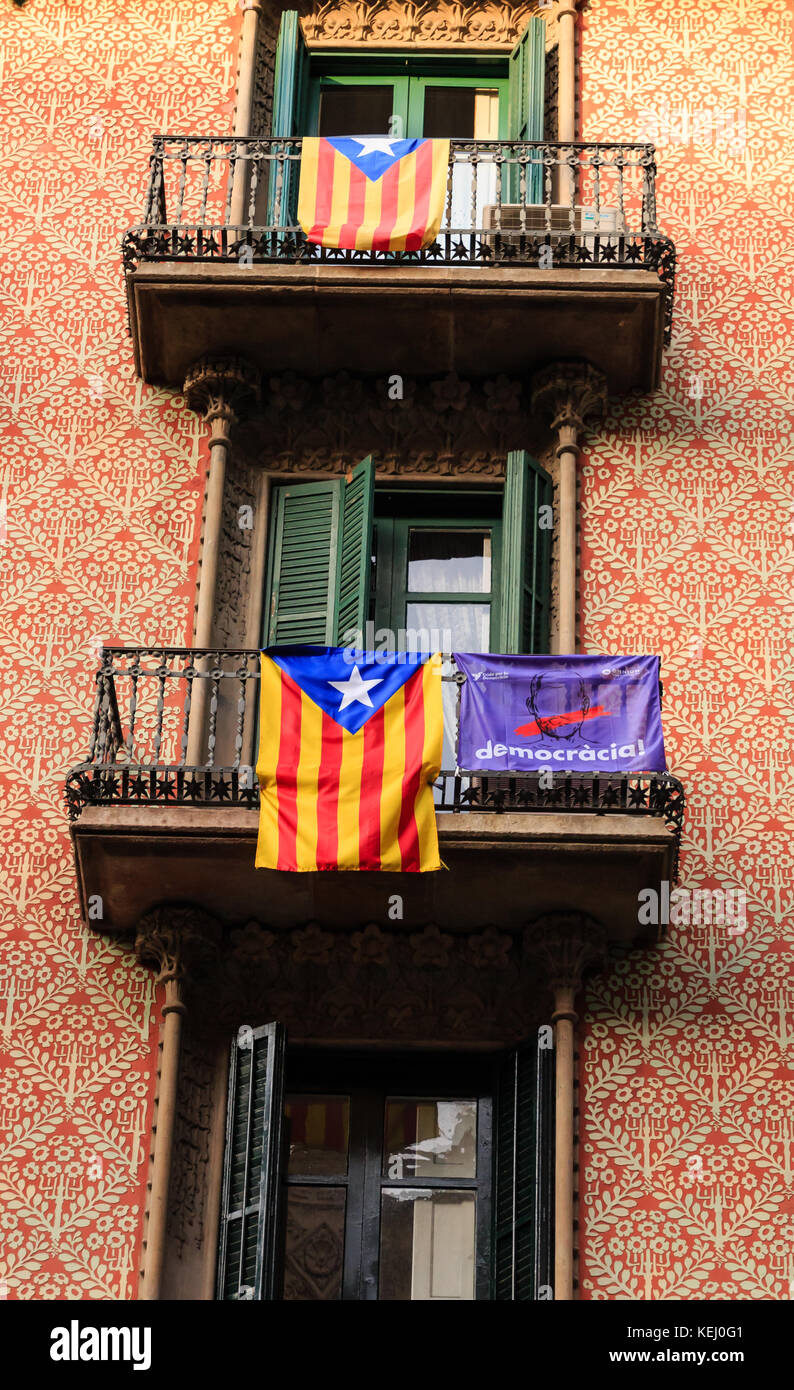 Signs, banners and flags cover the cityscape of Barcelona in support of ...