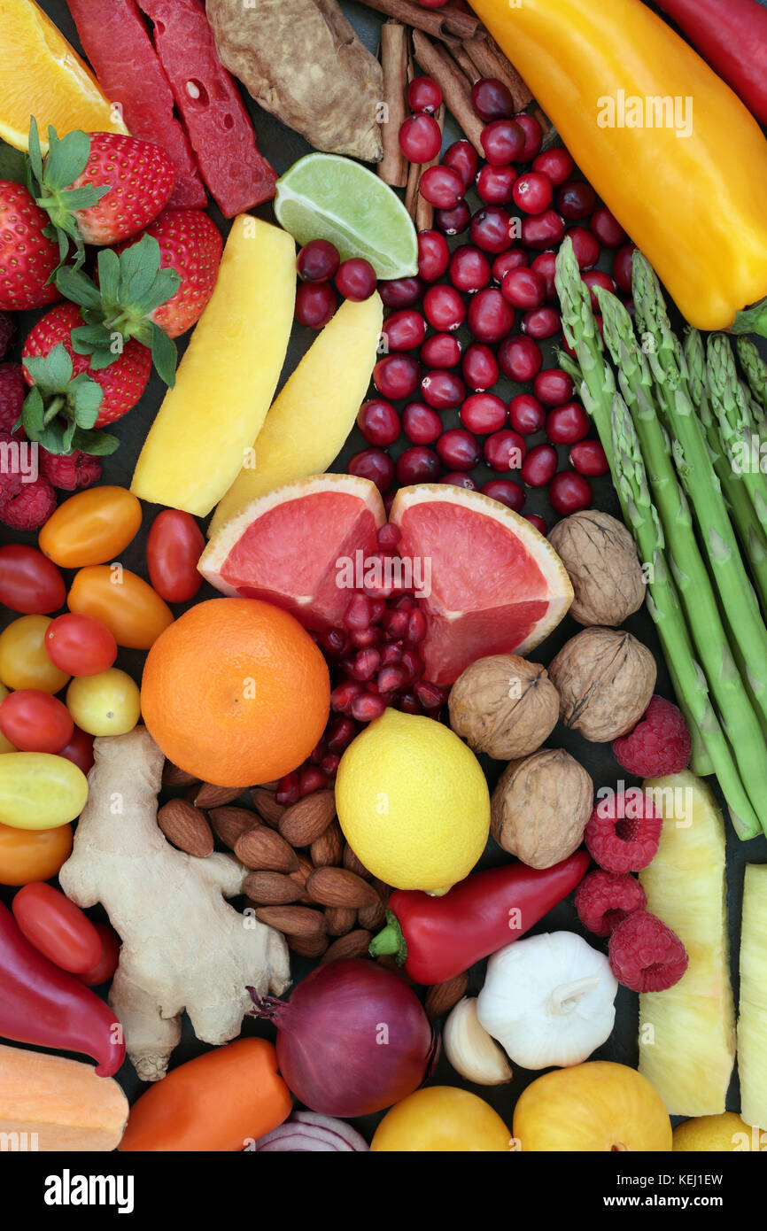 Healthy diet food with fruit and vegetable selection. Superfood concept ...