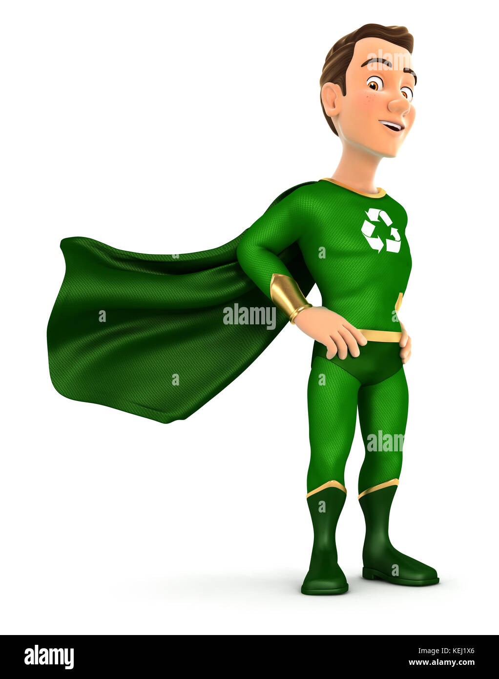3d green hero standing with cape in the wind, illustration with ...