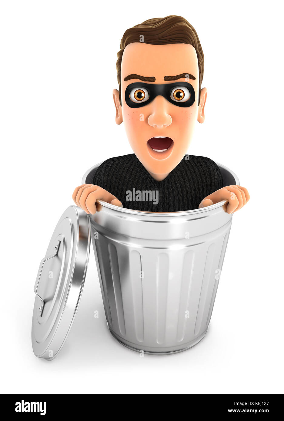 3d thief inside trash can, illustration with isolated white background ...