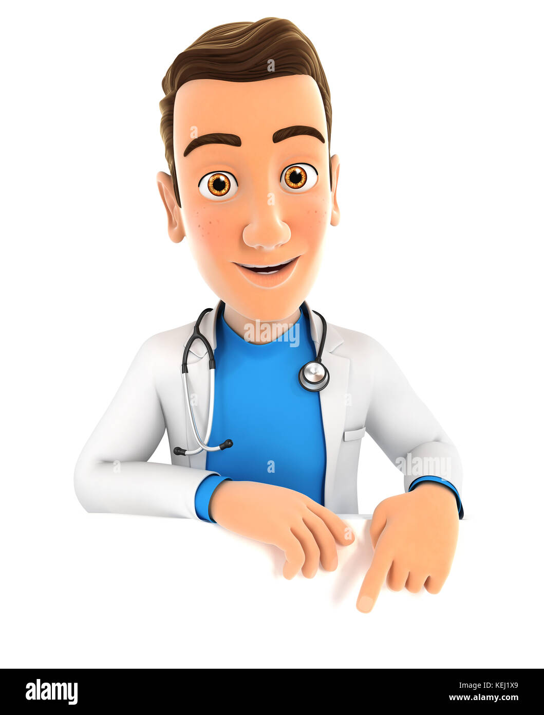 3d doctor pointing to empty wall, illustration with isolated white ...
