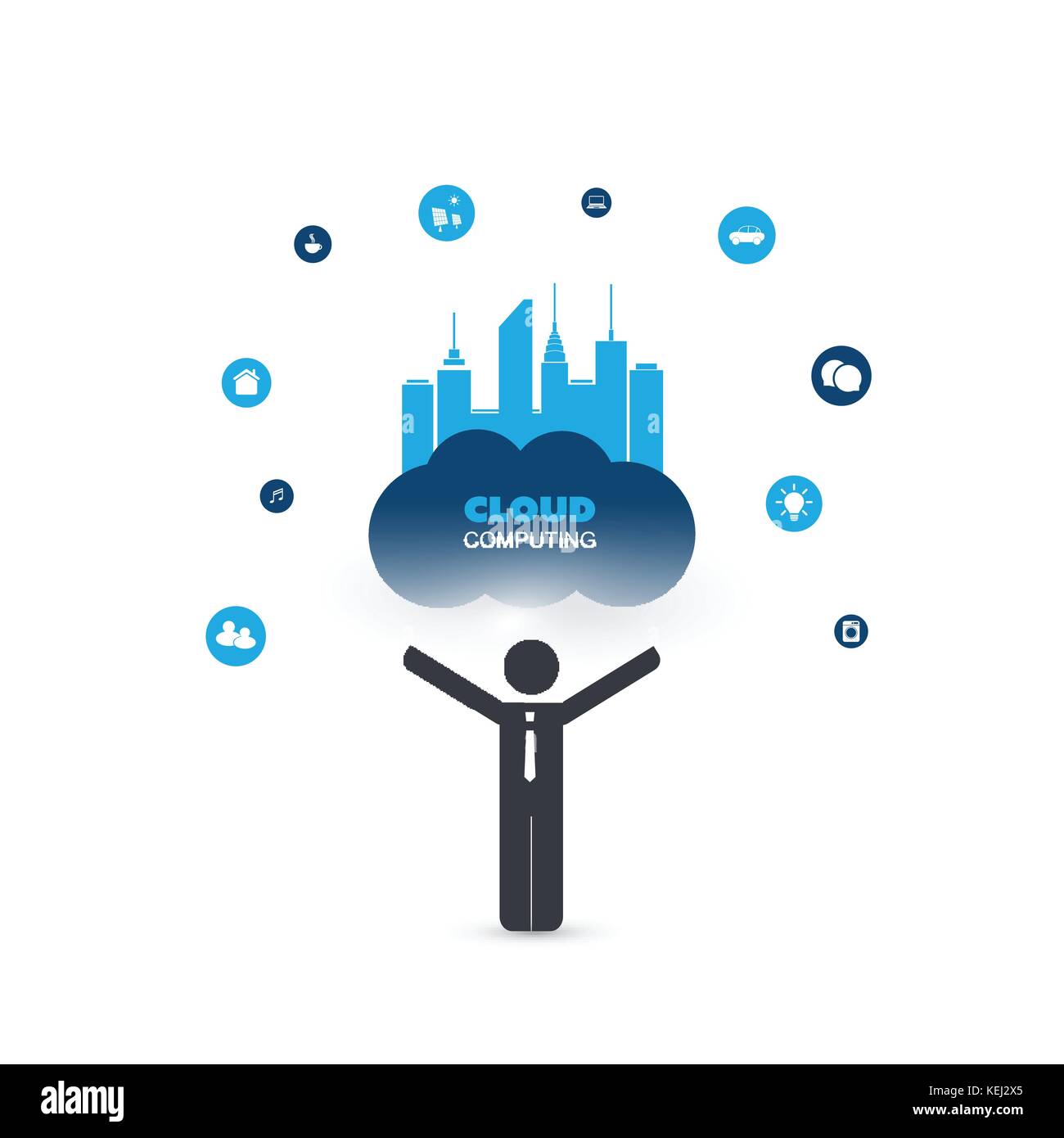 Cloud Computing Design Concept with a Standing Business Man and Icons - Digital Network ...