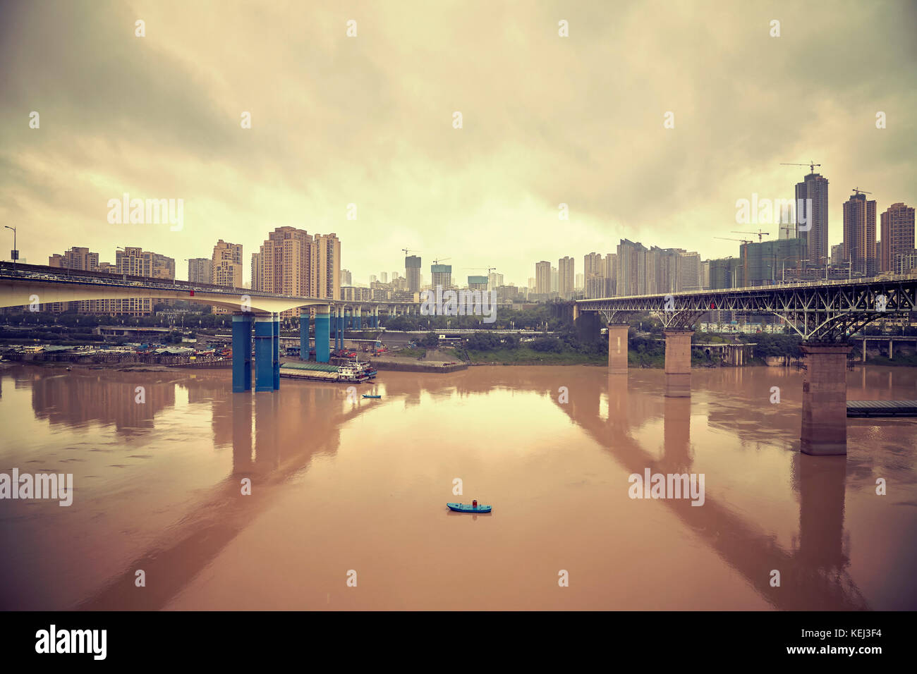 Retro stylized picture of Chongqing waterfront, China Stock Photo - Alamy