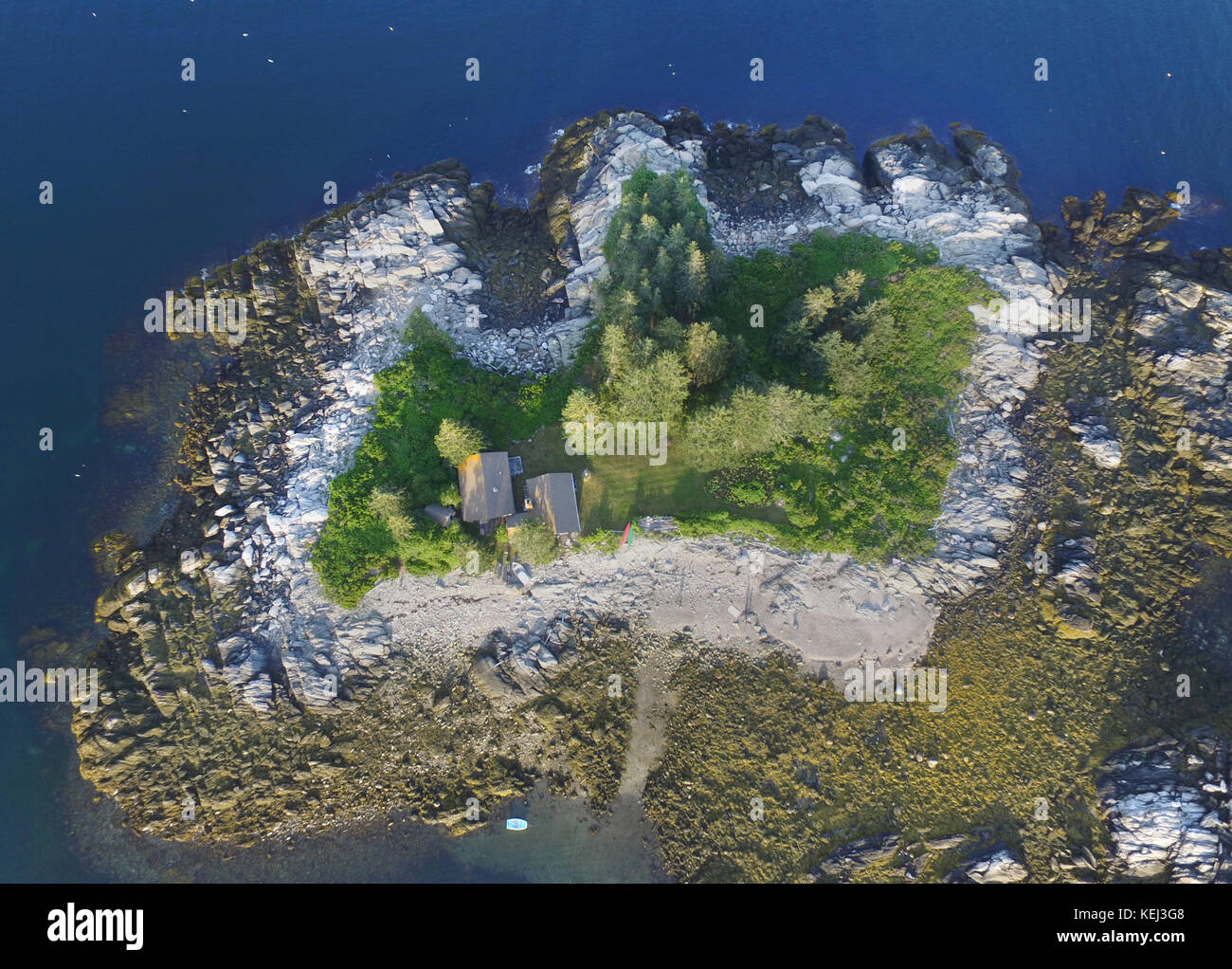Aerial of Turnip island, Maine, small offshore island along Maine coast ...