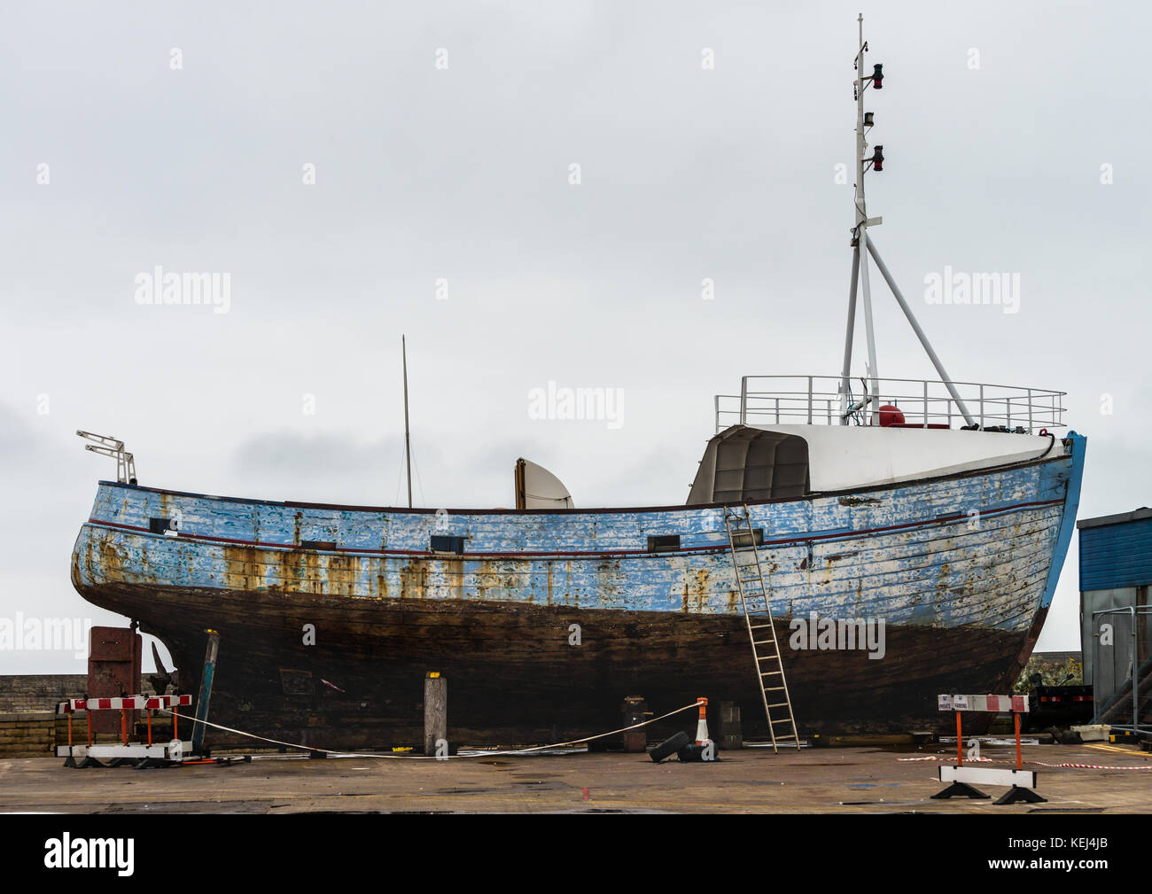 A shot of a boat undergoing restoration work at Hartlepool marina, UK ...