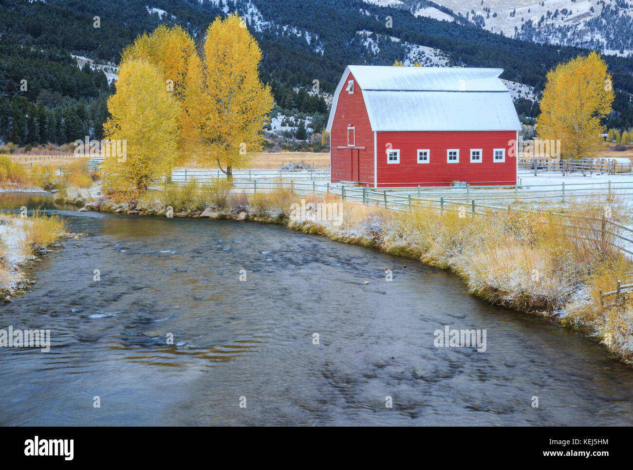 red barn and fall colors along the ruby river near alder, montana Stock ...