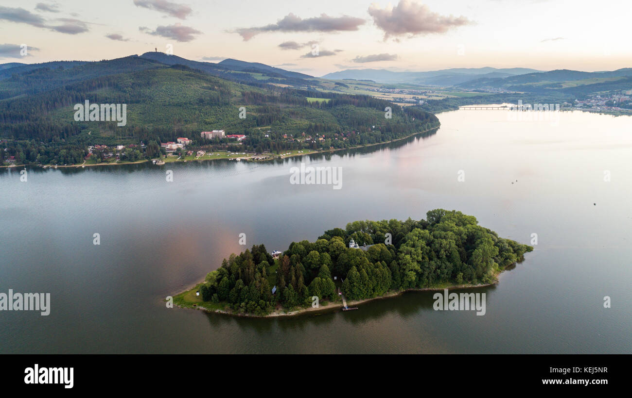 Aerial view of Slanica island on Orava dam, Slovakia at dusk Stock ...