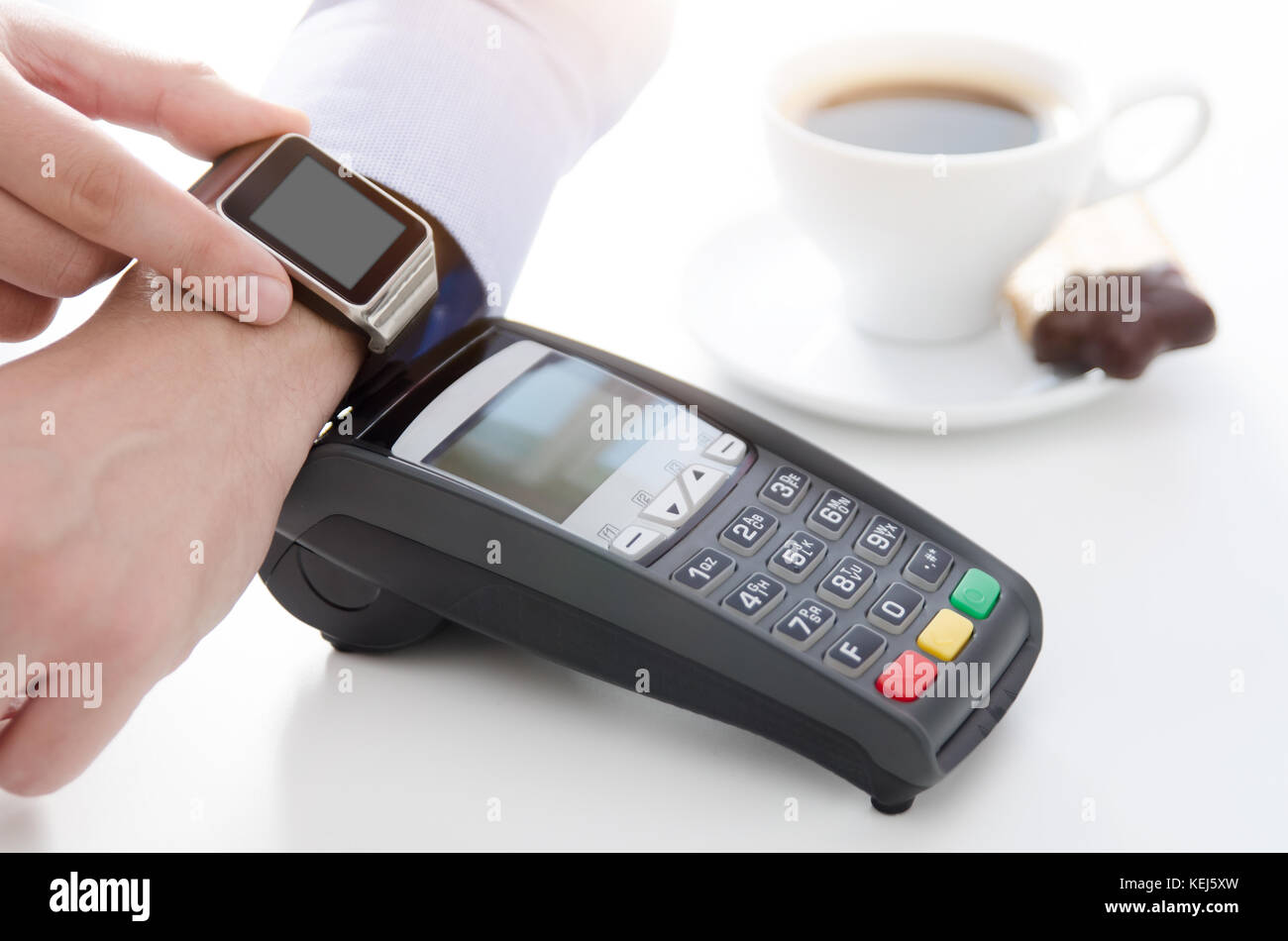 Mobile payment in cafe with smart watch nfc near field communication ...