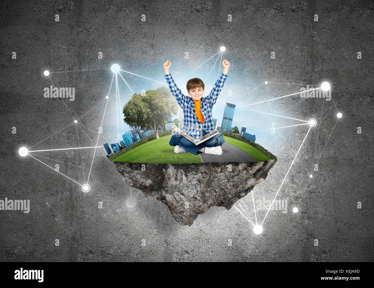Cute boy of school age with book exploring this great world Stock Photo ...