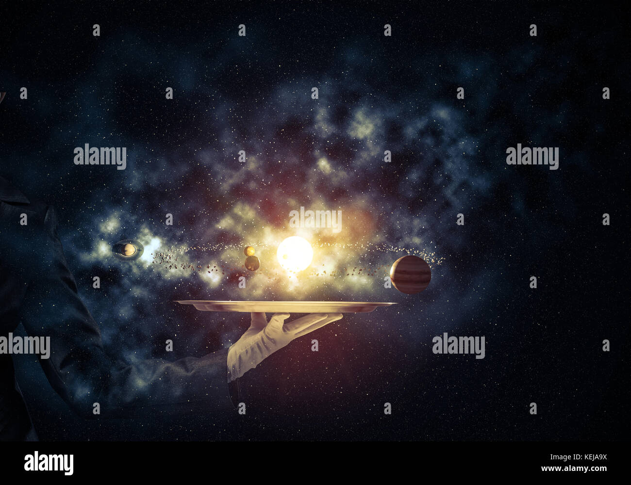 Hand of waitress presenting solar system on tray Stock Photo - Alamy