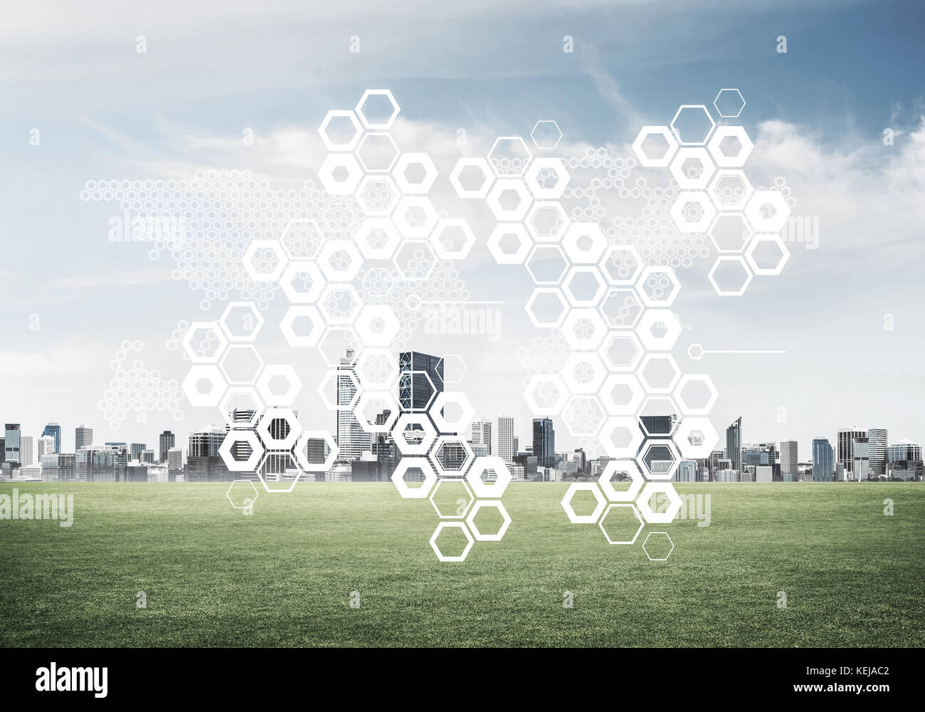 Natural background with modern cityscape green field and media i Stock ...