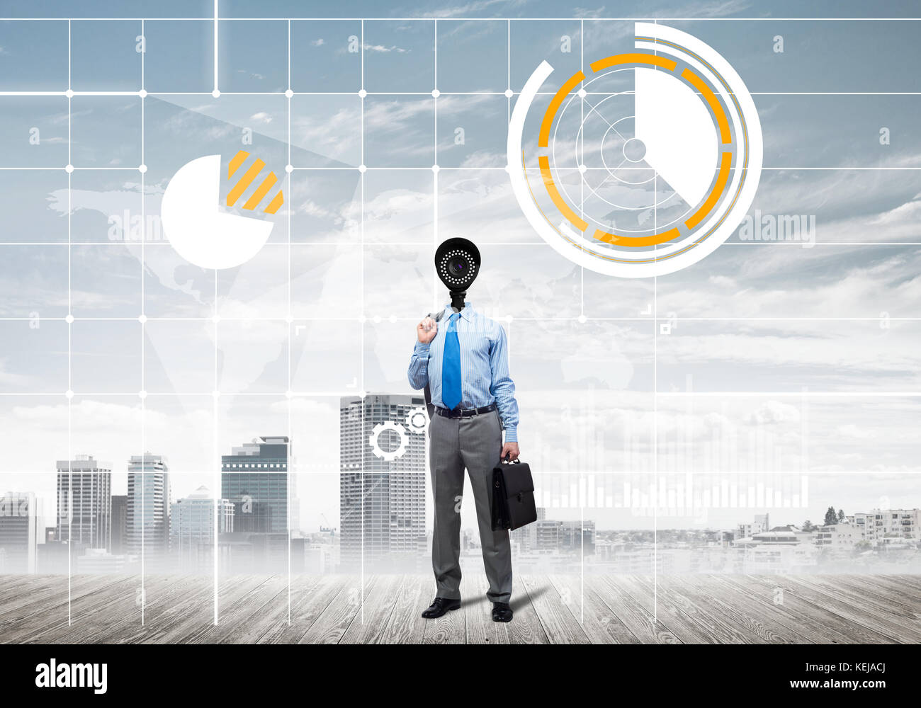 Camera headed man standing on wooden floor against modern cityscape ...