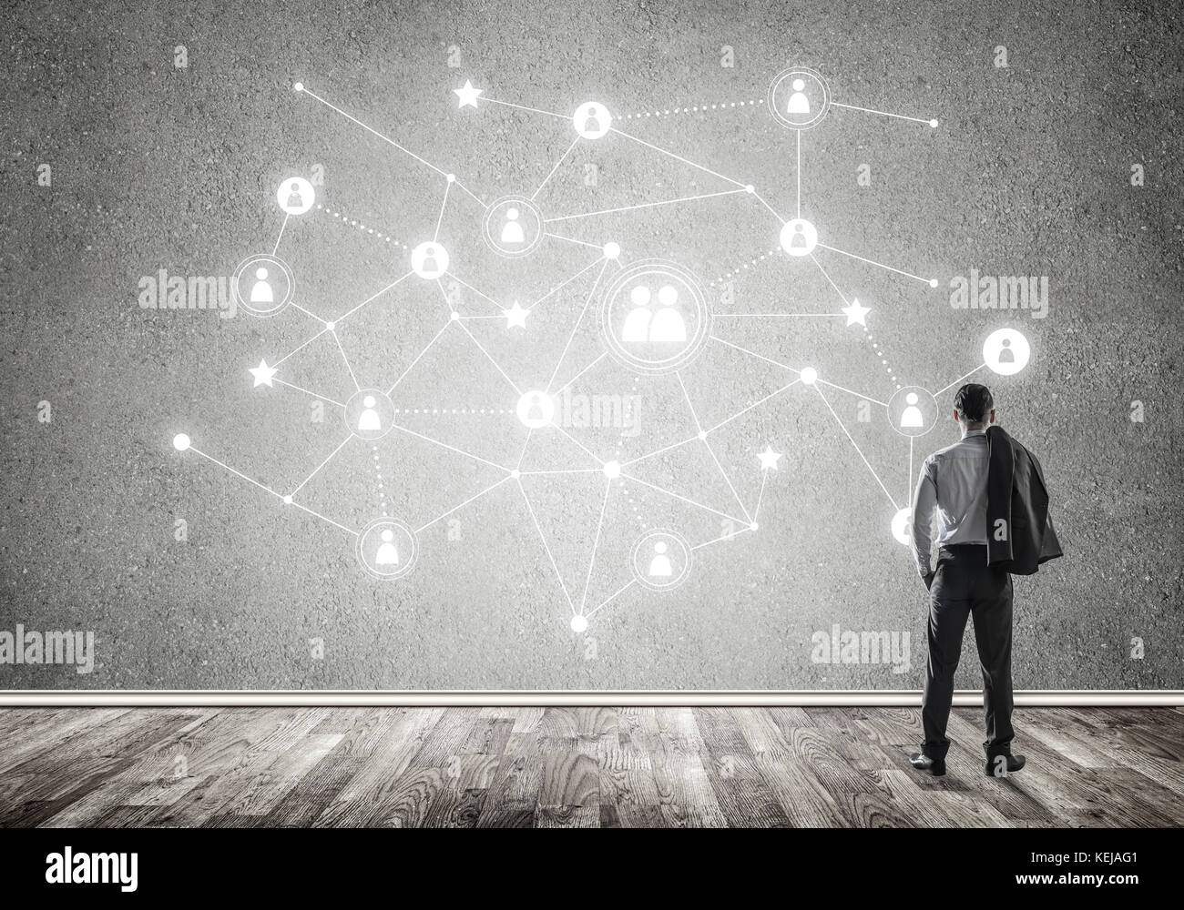 Connection lines drawn on concrete wall as symbol for networking Stock ...