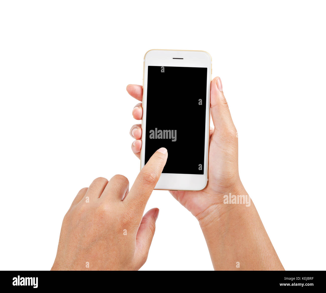 closeup hand using phone isolated on white background, save clipping ...