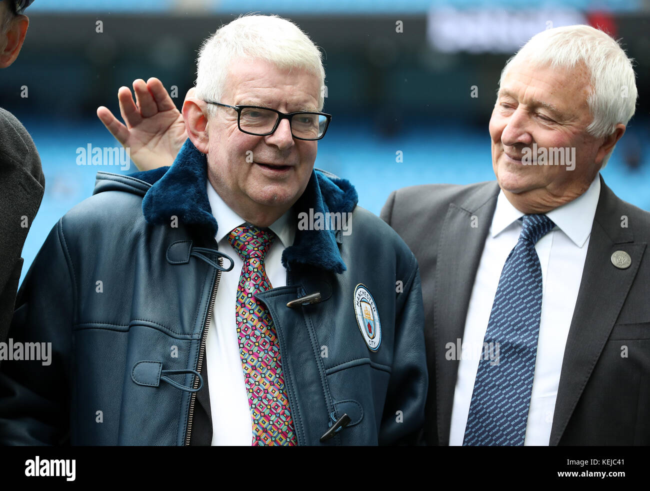 Football commentator John Motson (left) after being presented with a ...