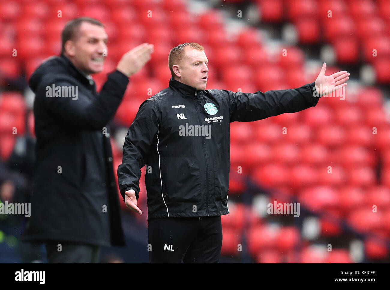 Hibernian manager Neil Lennon and Celtic manager Brendan Rodgers on the ...