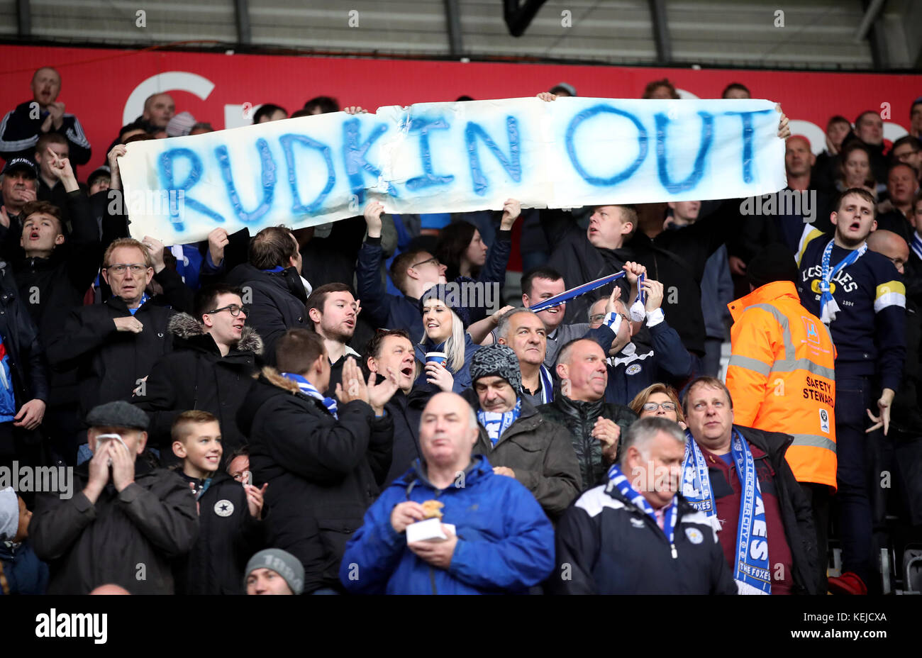 Leicester City fans hold up a banner reading 'Rudkin Out' referring to ...