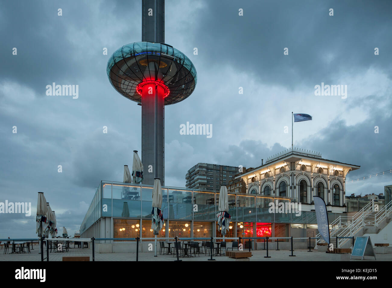 Evening at i360 tower on Brighton seafront, East Sussex, England Stock ...