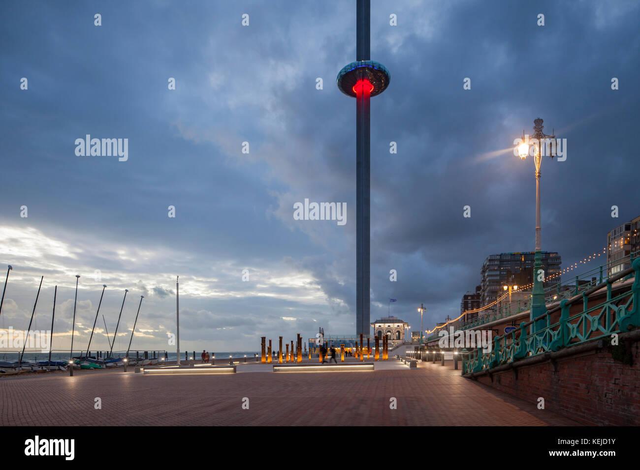 Evening on Brighton seafront, East Sussex, England. i360 tower in the ...