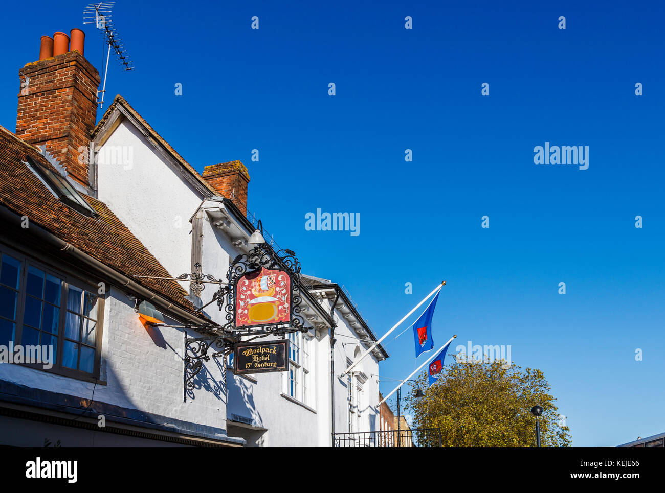 Sign at the historic 15th century Woolpack Hotel in High Street ...