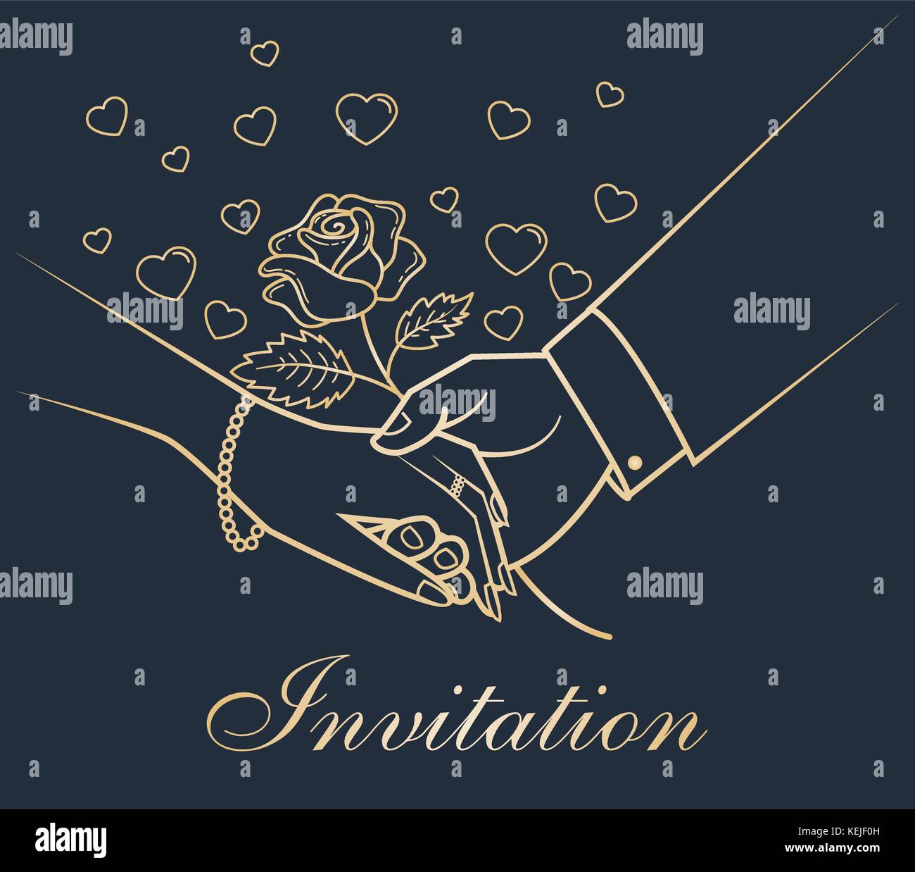 Invitation greeting card, hands of the newlyweds with a rose ...
