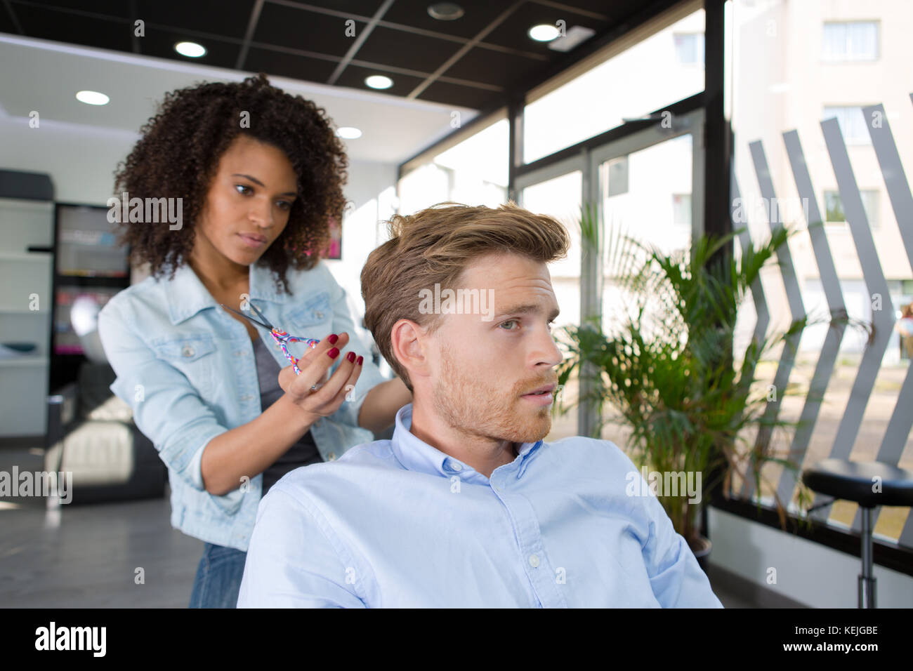 female hairdresser cutting hair of man client at beauty parlour Stock ...